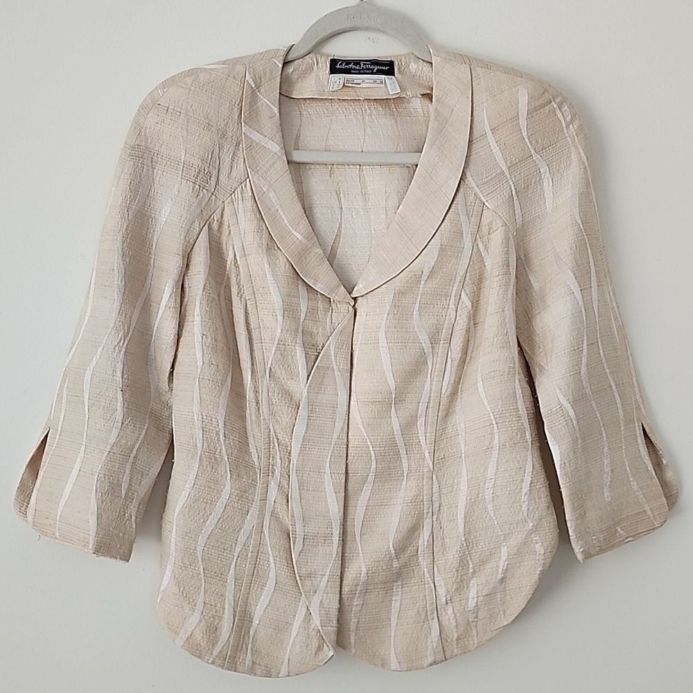 Salvatore Ferragamo Vintage Cream Silk Jacket Coat Bl… - Gem